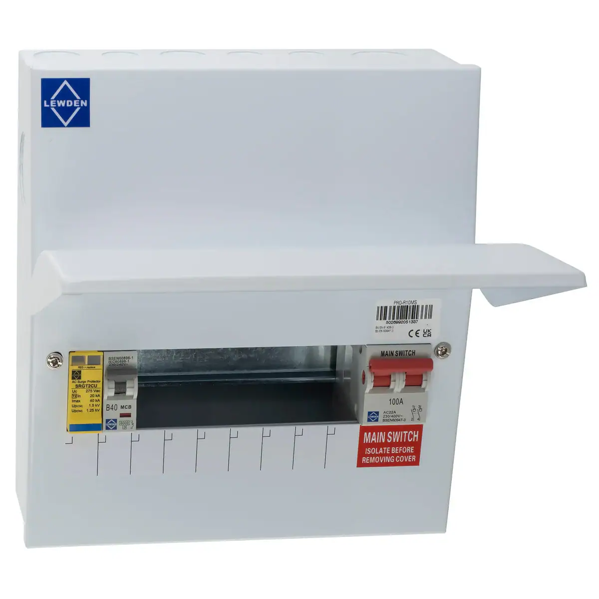 Lewden RCBO 8way Consumer Unit 100A M/S + TYPE 2 SPD Round Kos. PRO ...