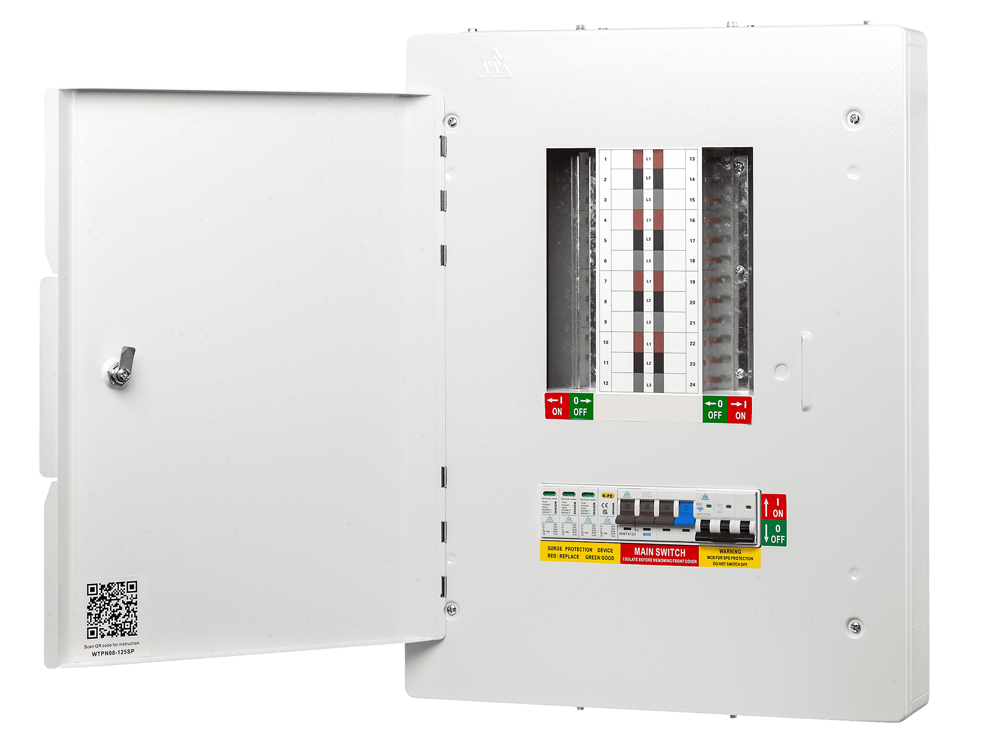 WCED 8 Way TPN Distribution Board c/w 4P 125A Main Switch + 4P SDP ...