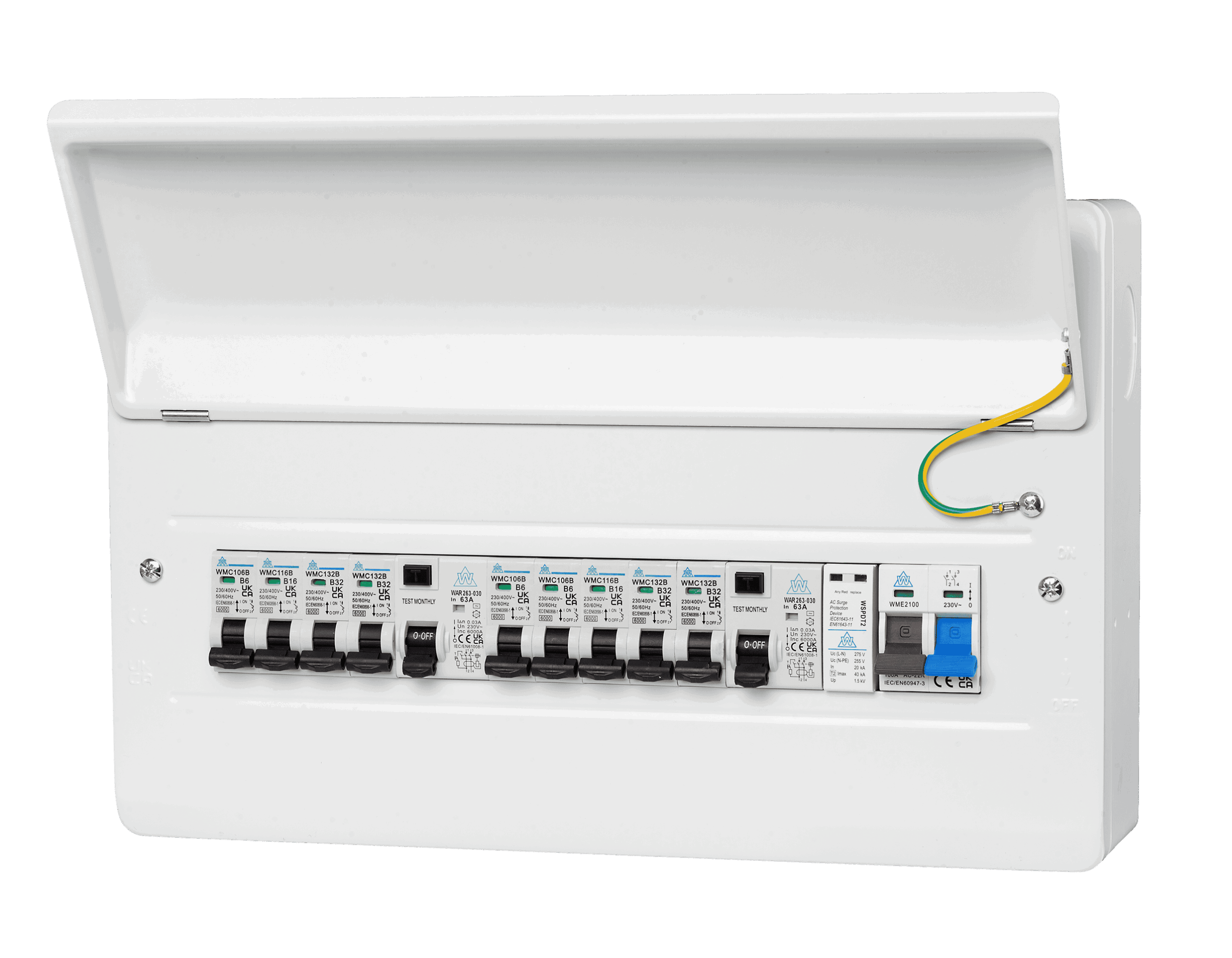 WCED 16 mod 9 ways Twin 100A MS 2x 63A RCD+ SPD Metal Consumer Unit ...
