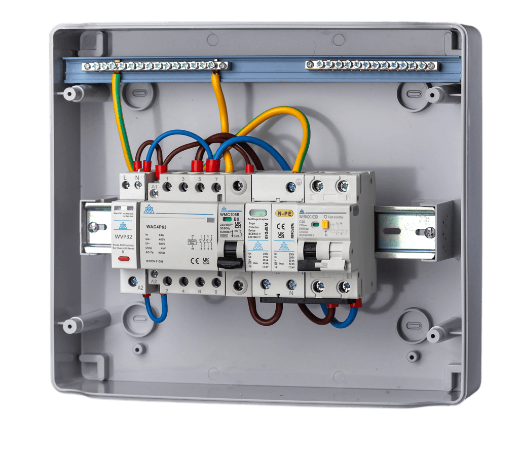 WCED PME Loss Unit 12 mod IP65 c/w C40 RCBO /4P63A contactor, SPD & PME ...